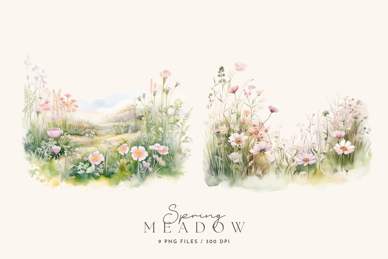 Watercolor Spring Meadow Clipart: Floral Borders (PNG Digital Download ...