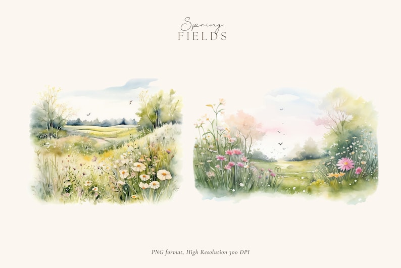 Watercolor Spring Clipart, Spring Landscape Clipart, Spring Meadow ...