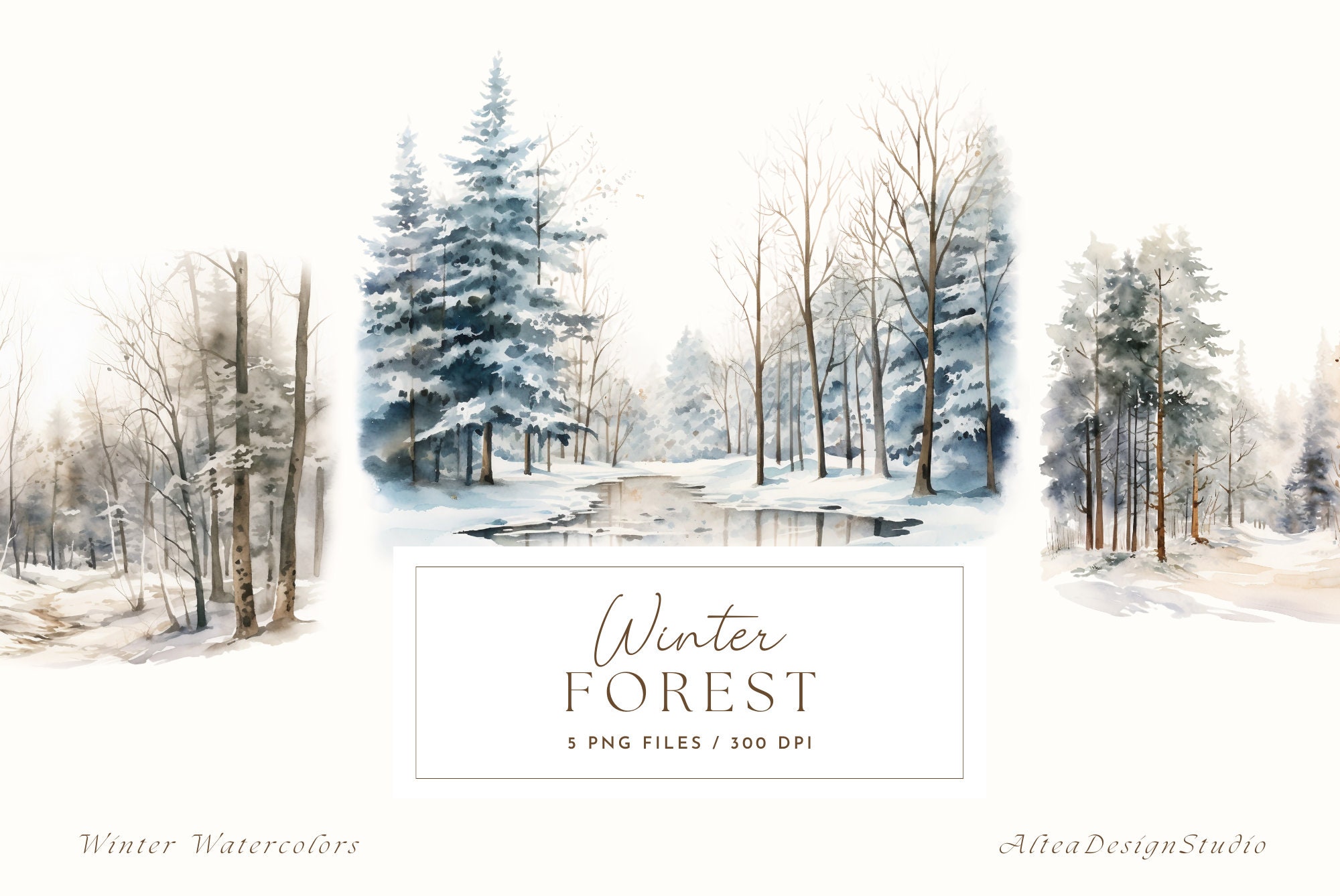 Watercolor Winter Clipart, Forest Landscape Clipart, Watercolor Winter ...