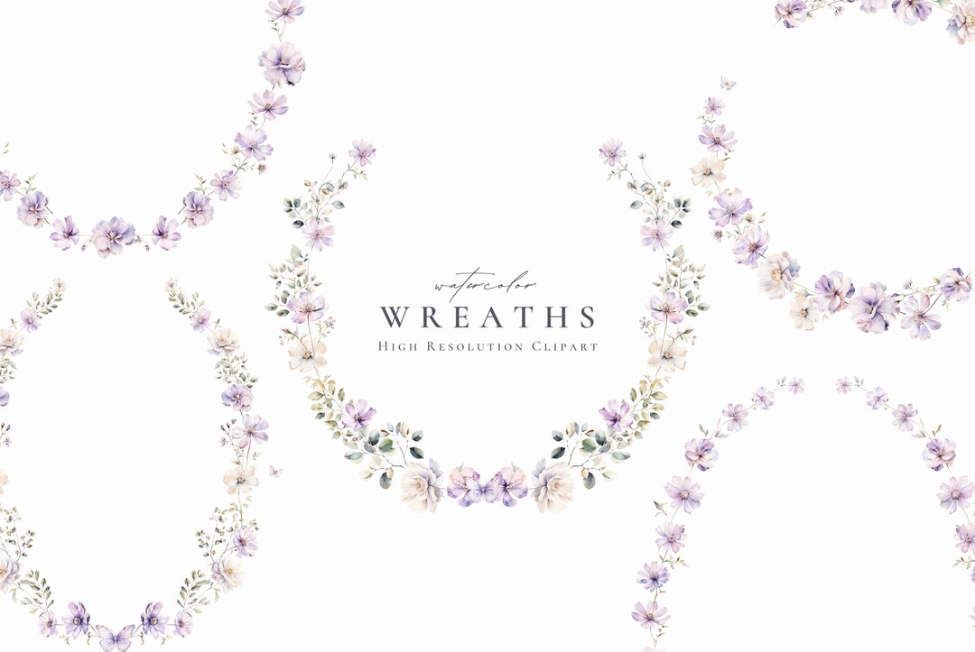 Watercolor Wildflowers Wreaths, Purple Flowers Clipart, Watercolor ...