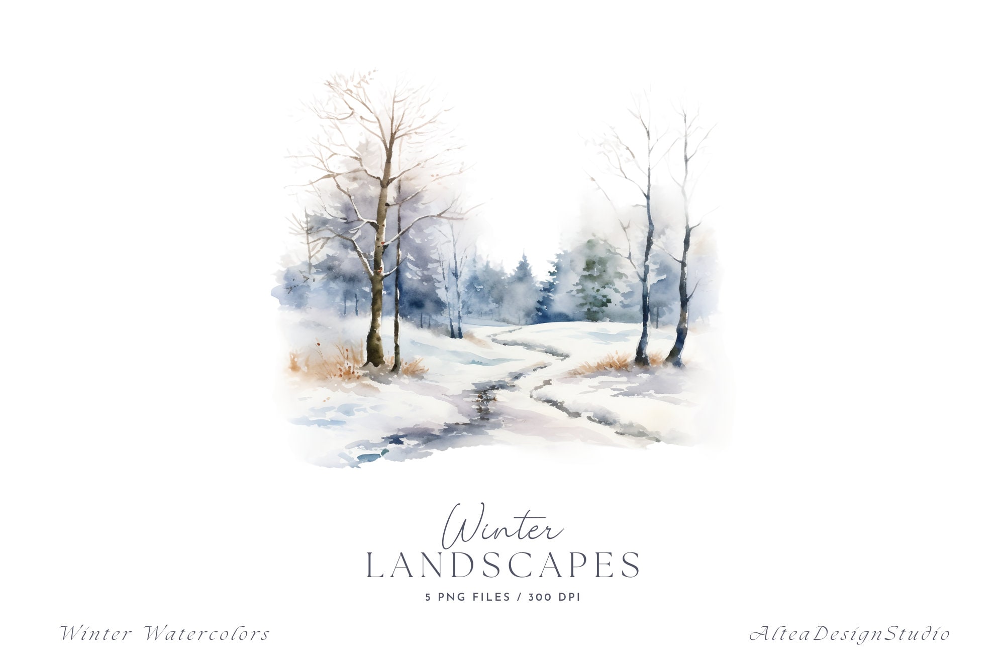 Watercolor Winter Clipart, Snowy Landscape Clipart, Watercolor Winter ...