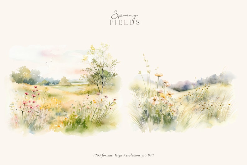Watercolor Spring Clipart, Spring Landscape Clipart, Spring Meadow ...