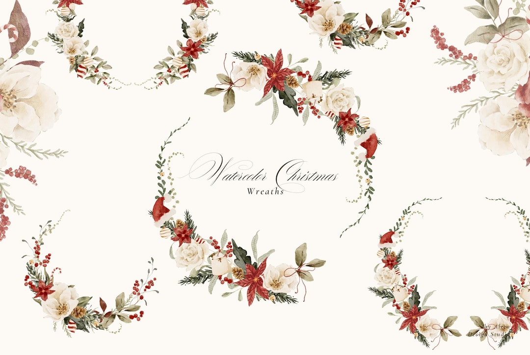 10 Watercolor Christmas Wreaths Clipart: Festive Holiday Clipart Set - Etsy