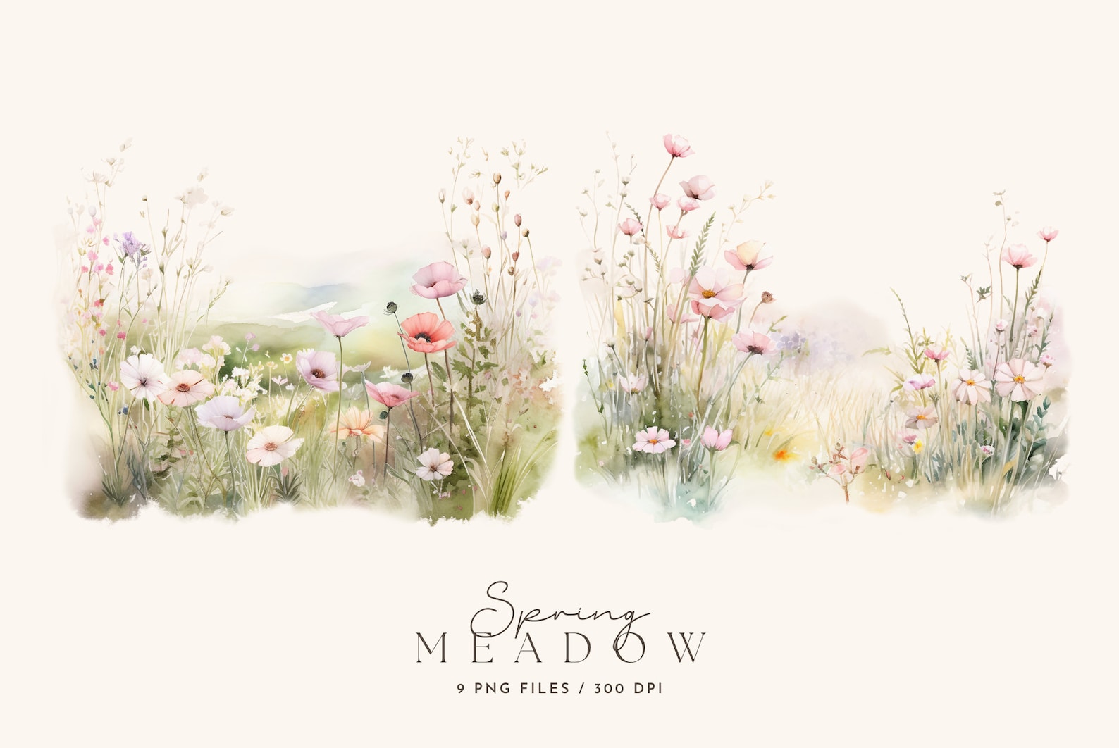 Watercolor Spring Meadow Clipart: Floral Borders (PNG Digital Download ...