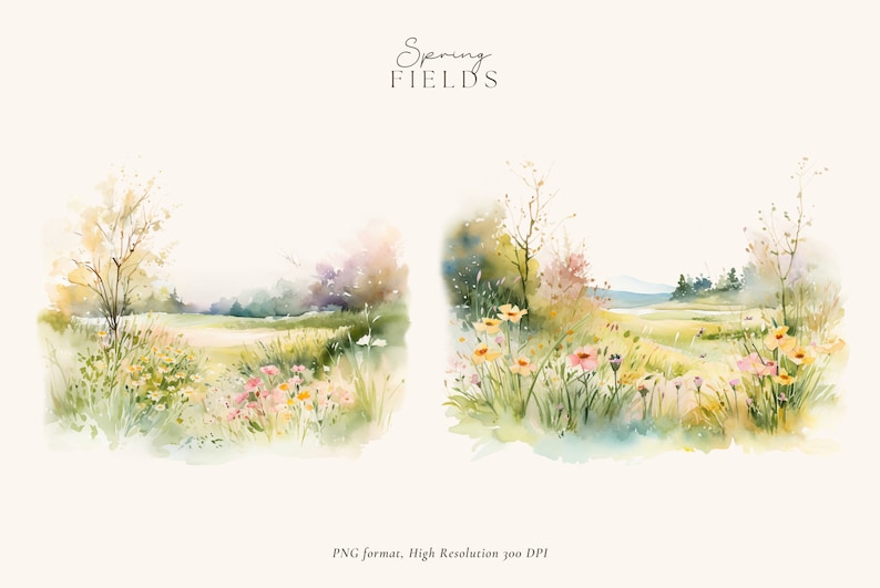 Watercolor Spring Clipart, Spring Landscape Clipart, Spring Meadow ...