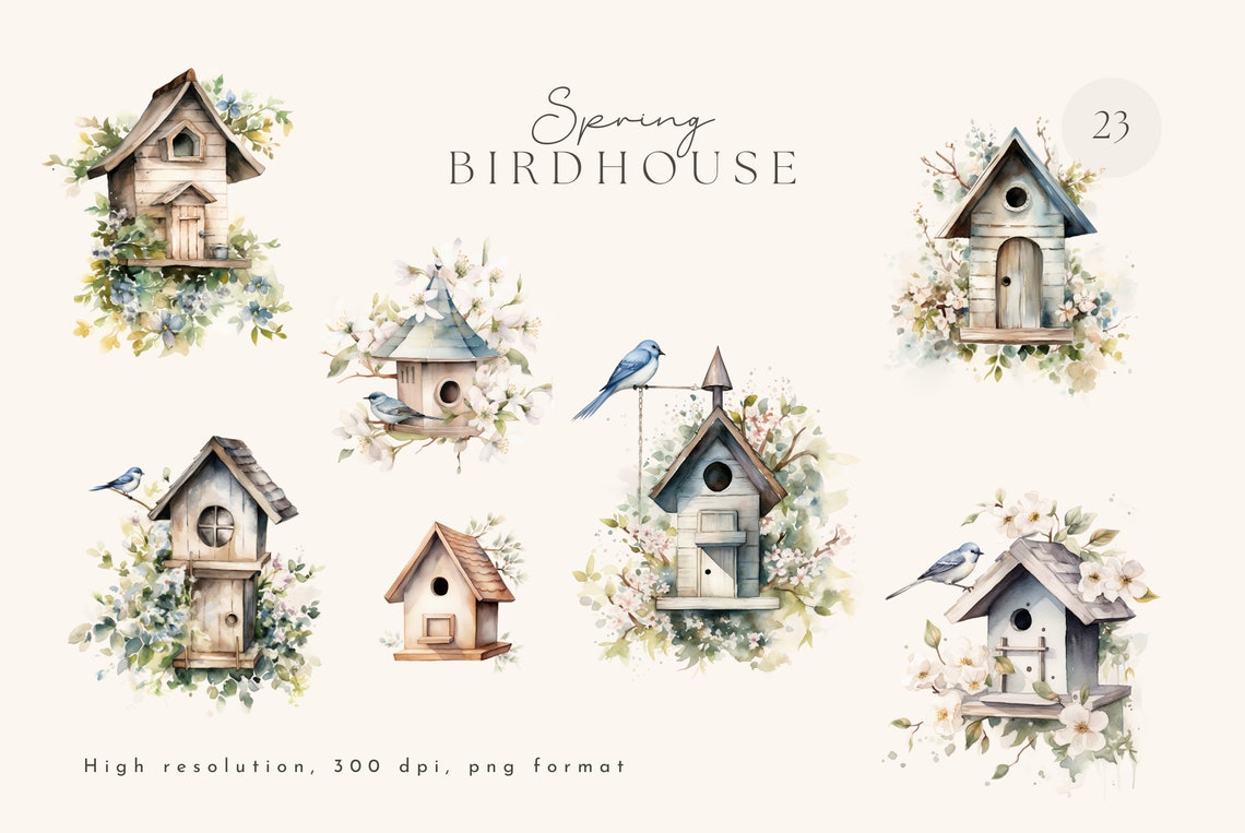 Birdhouse Clipart, Spring Watercolor Clipart, Watercolor Birds Clipart ...
