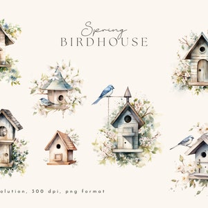 Birdhouse Clipart, Spring Watercolor Clipart, Watercolor Birds Clipart ...
