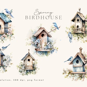 Birdhouse Clipart, Spring Watercolor Clipart, Watercolor Birds Clipart ...