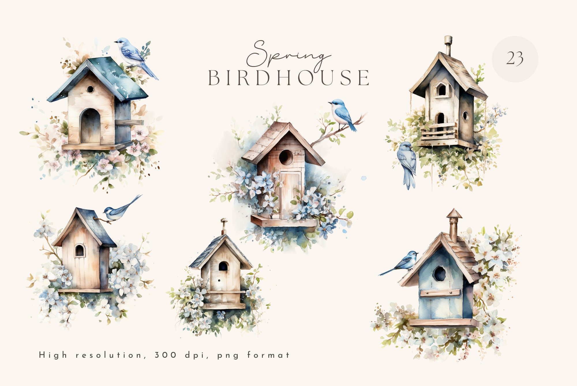 Birdhouse Clipart, Spring Watercolor Clipart, Watercolor Birds Clipart ...