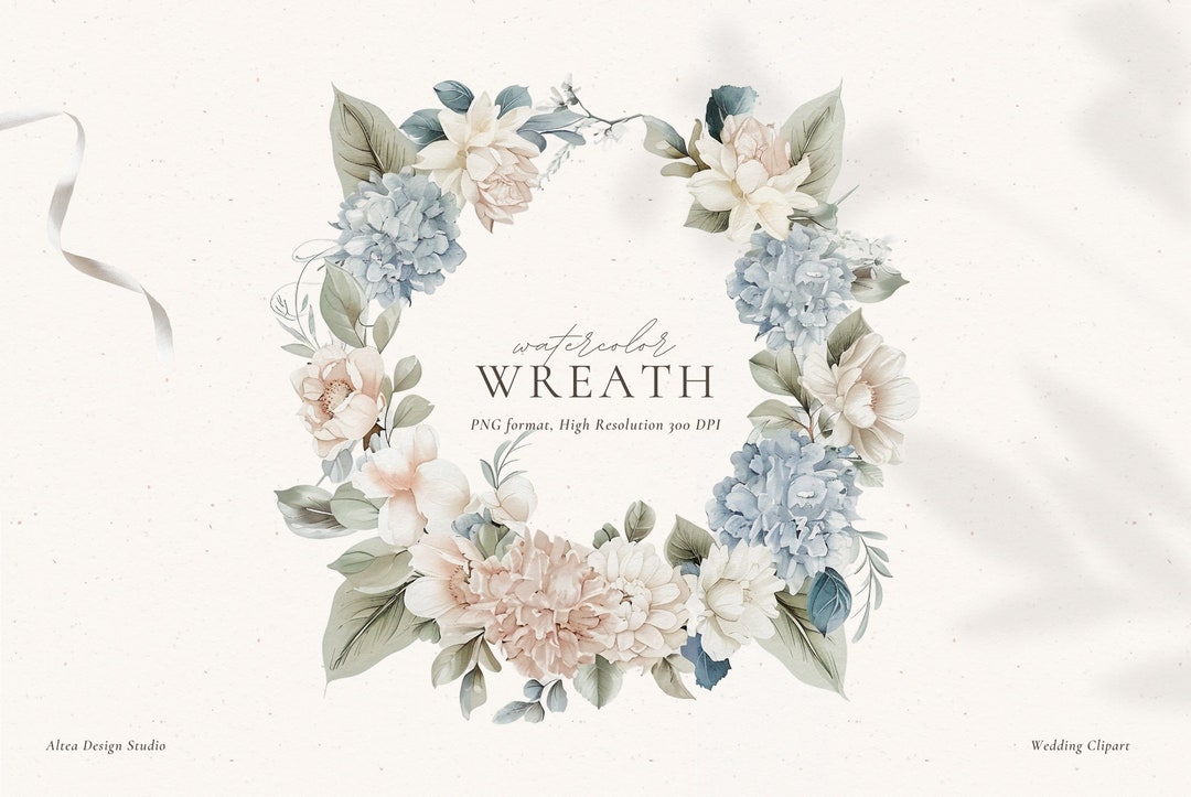 Blue and Pink Floral Crest, Wedding Clipart, Watercolor Wreath, Floral ...