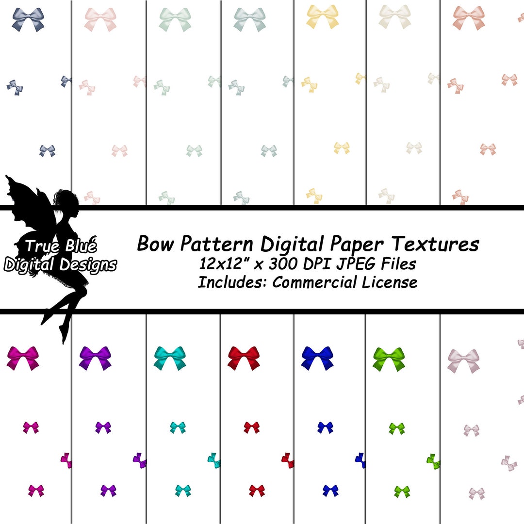 Bow Patterned Digital Paper, Bows on White Paper, Paper Bows, Colored ...