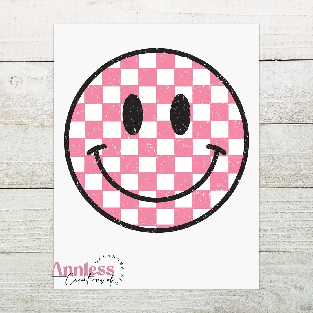 Pink Checkered Distressed Happy Face Sublimation Transfer Ready to ...