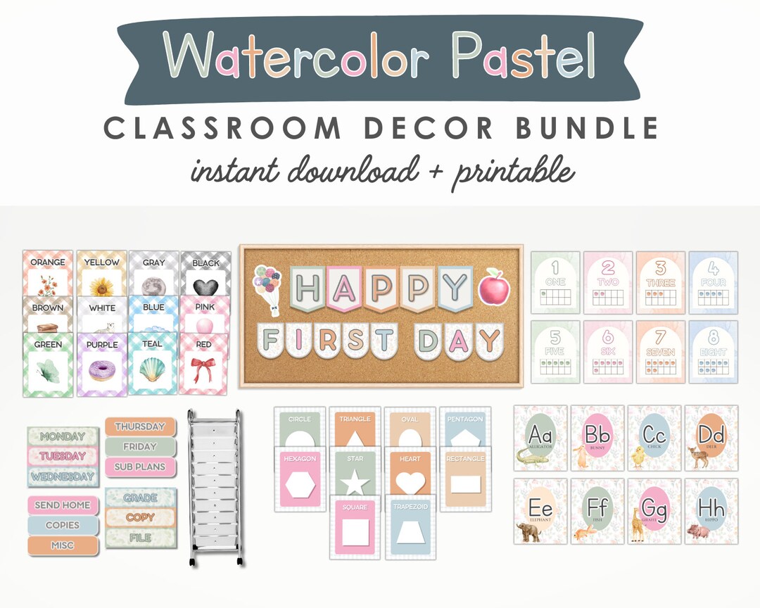 Watercolor Pastel Classroom Decor Bundle, Bulletin Board, Editable in ...