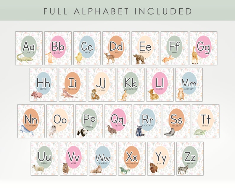 Watercolor Pastel Classroom Decor, Alphabet Posters, Animal Letters ...