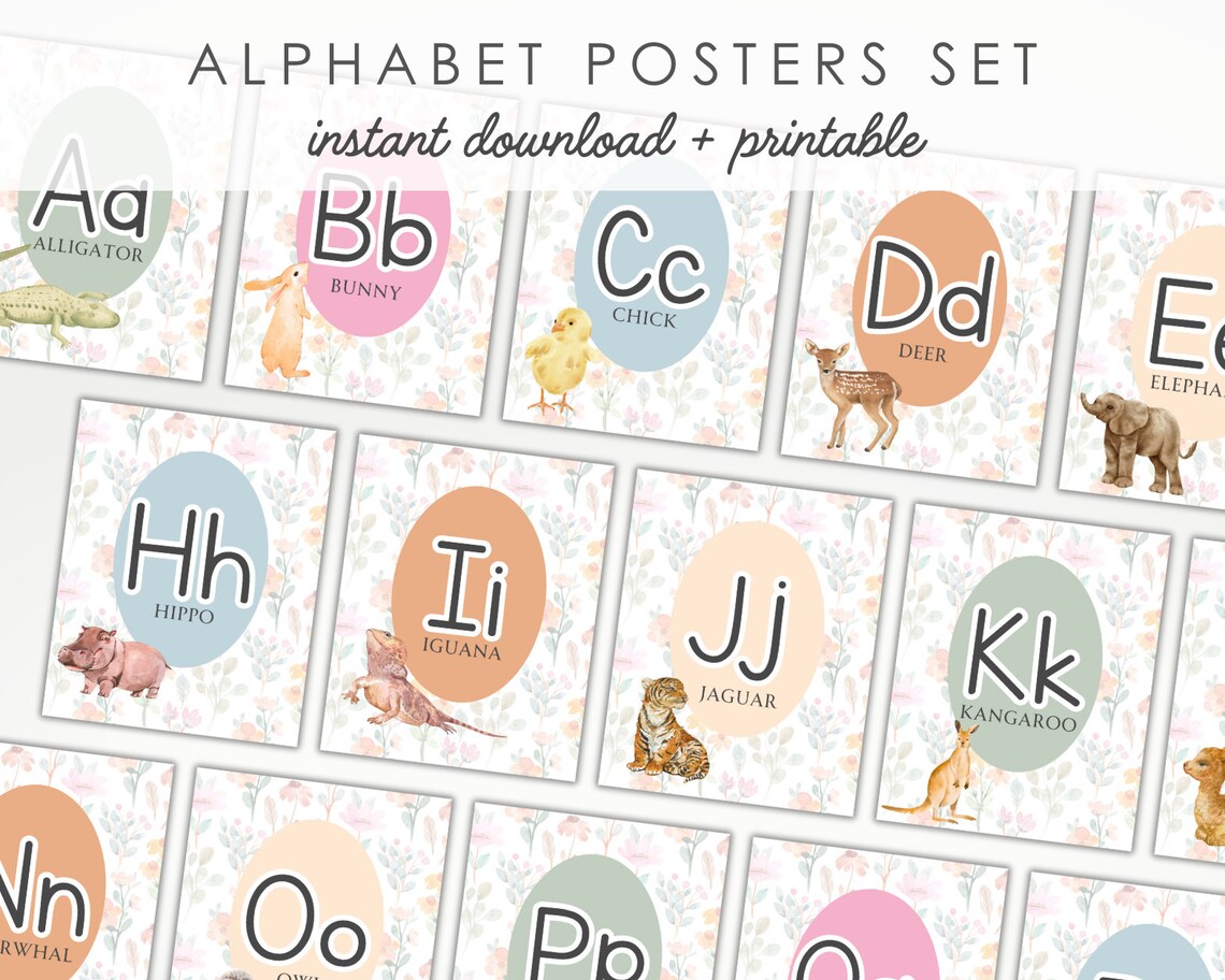 Watercolor Pastel Classroom Decor, Alphabet Posters, Animal Letters ...