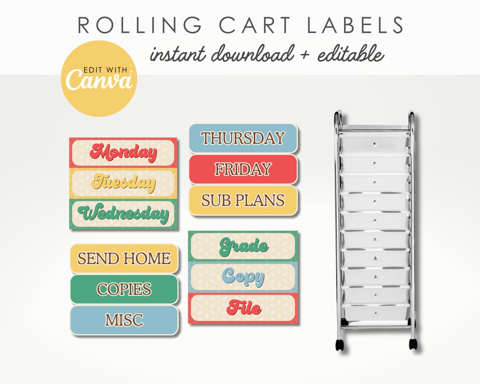 Colorful Groovy Rolling Trolley Cart Labels, Editable Teacher Drawer ...