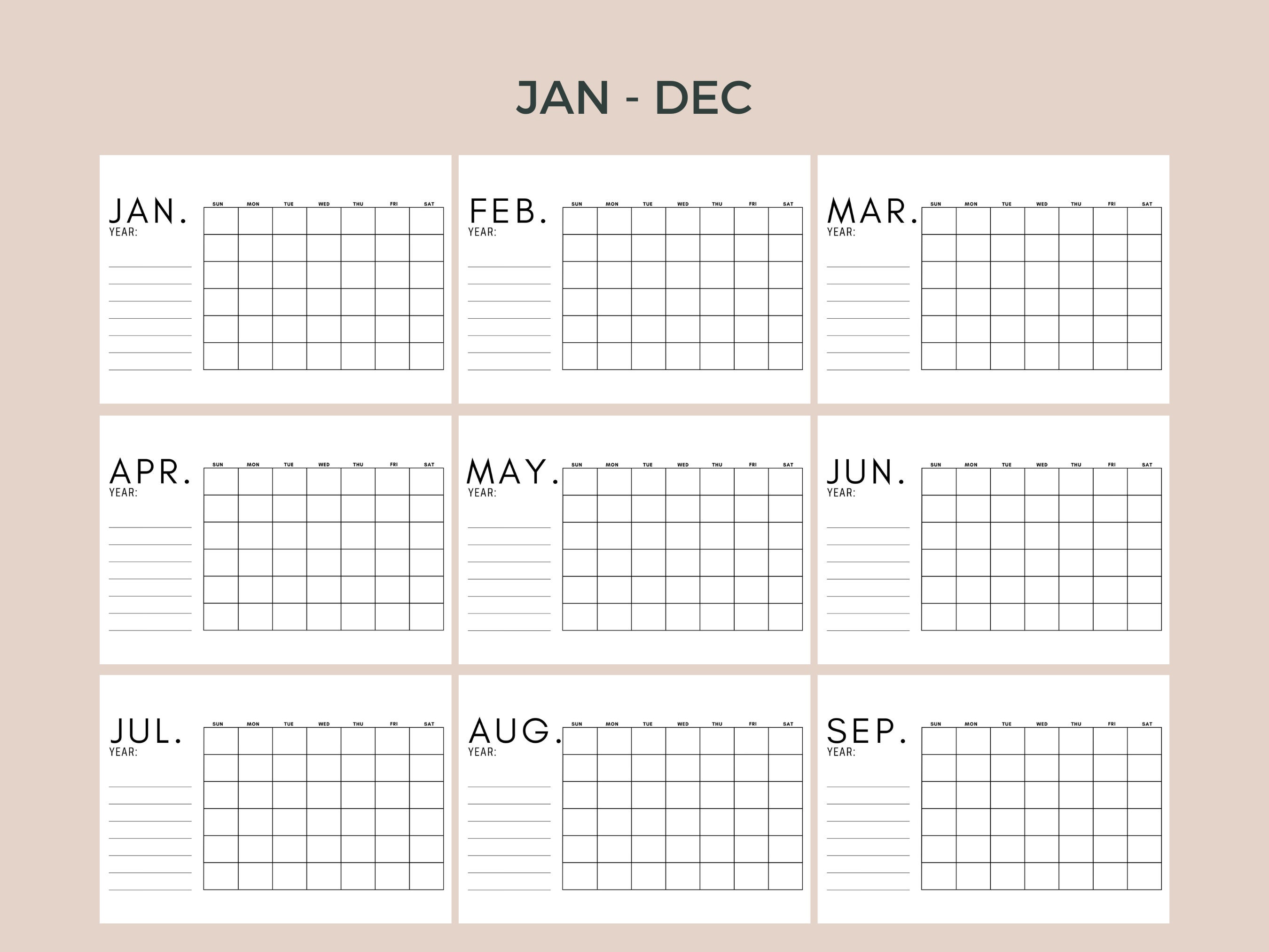 Classic Blank Calendar, Undated Printable Calendar, Simple Calendar ...