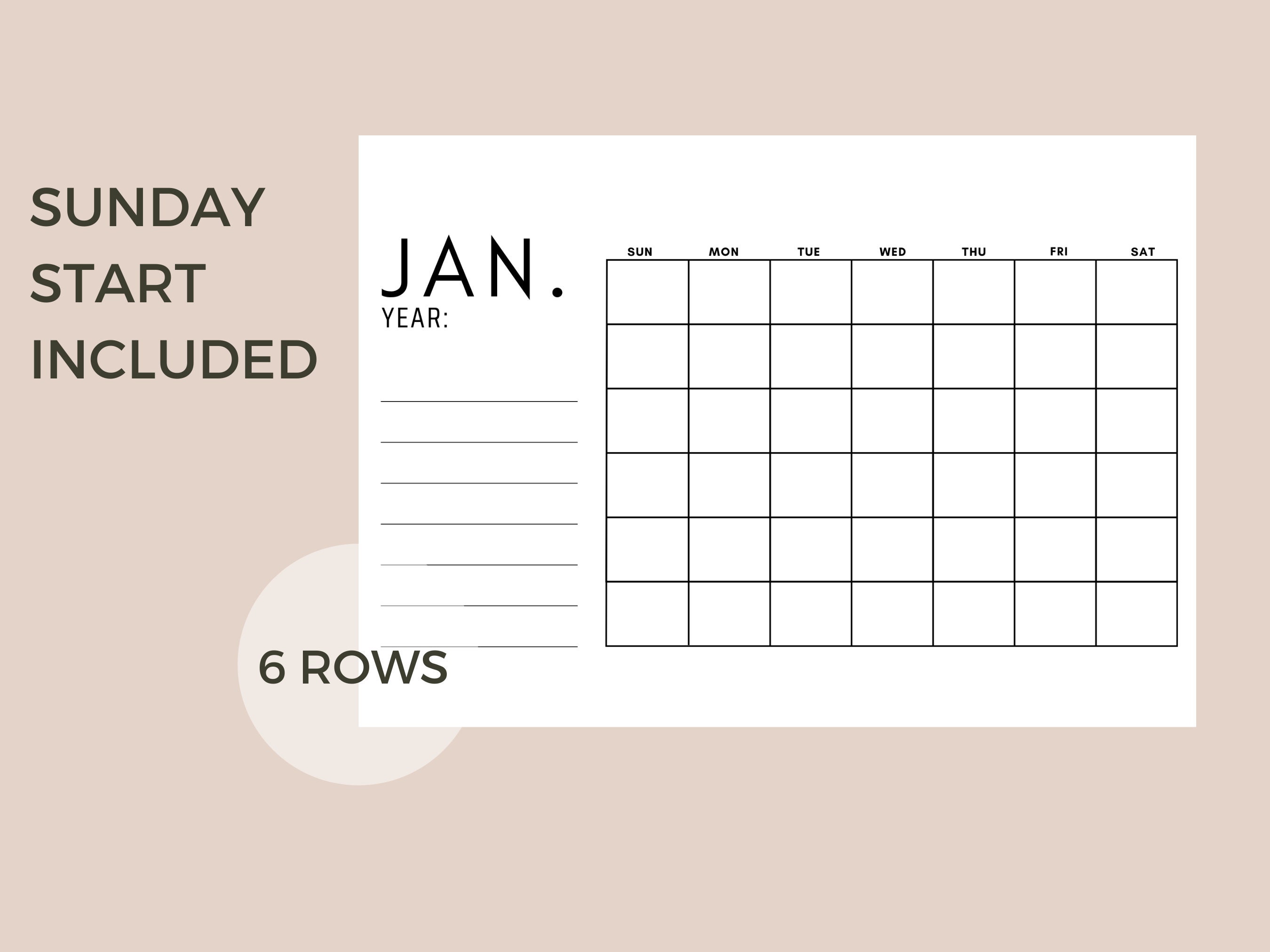 Classic Blank Calendar, Undated Printable Calendar, Simple Calendar ...