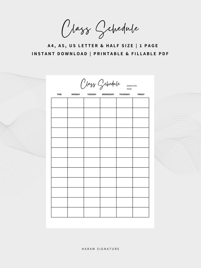 Minimalist Class Schedule Timetable Printable Hourly Agenda Weekly ...