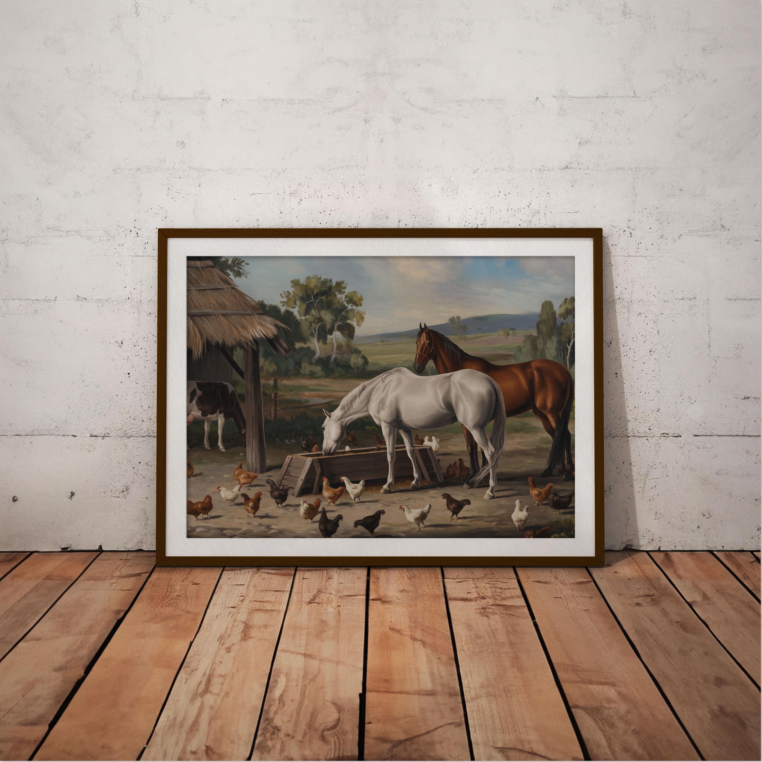 Rustic Farmhouse Art Print: Serene Barnyard Scene With Horses, Chickens ...