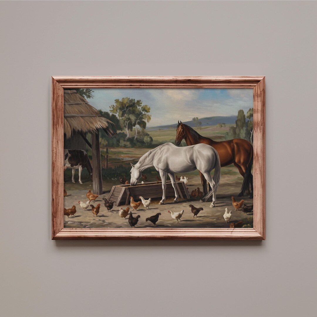 Rustic Farmhouse Art Print: Serene Barnyard Scene With Horses, Chickens ...