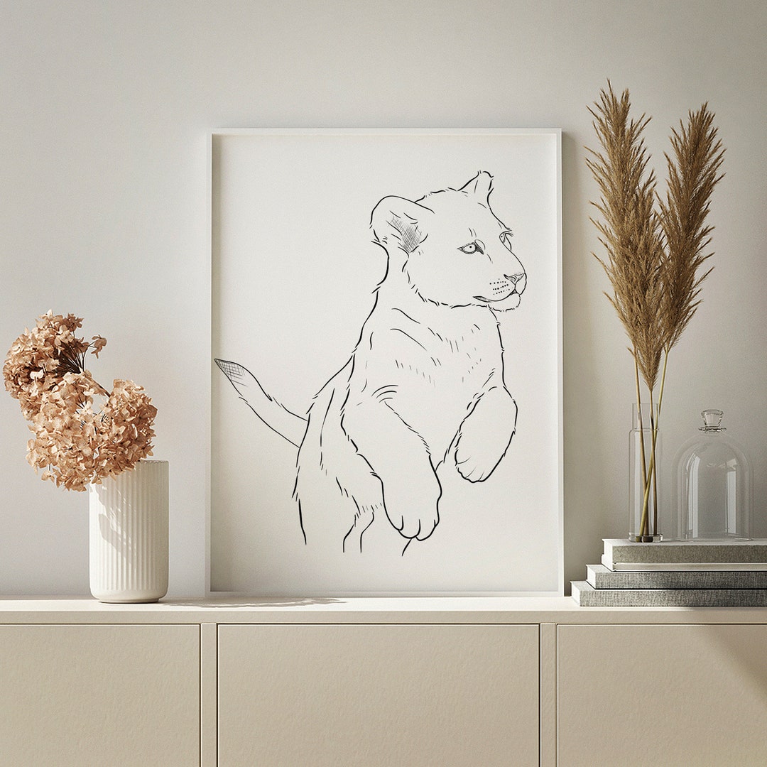 Lion Cub Line Art Print - Minimalist Wildlife Sketch, Black-and-white ...