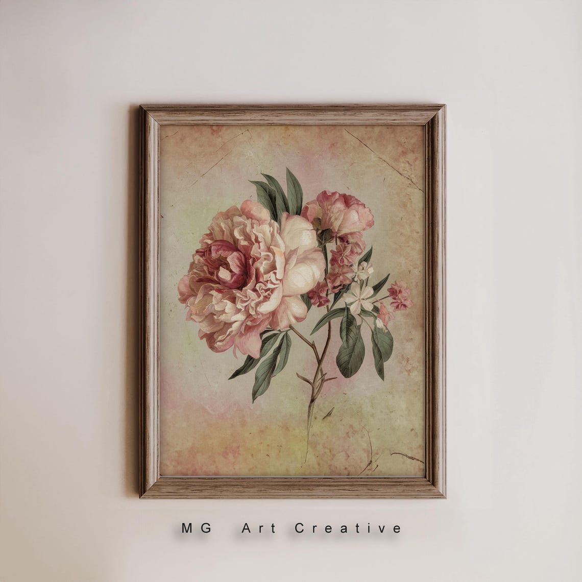 Vintage Pink Peony Botanical Print, Digital Shabby Chic Floral Art ...