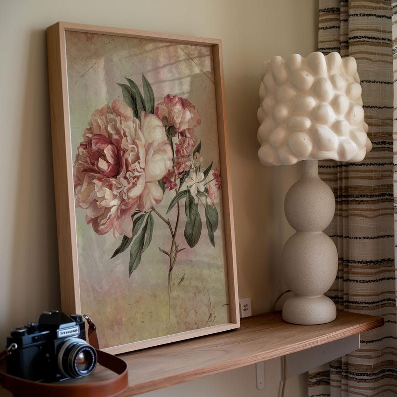 Vintage Pink Peony Botanical Print, Digital Shabby Chic Floral Art ...