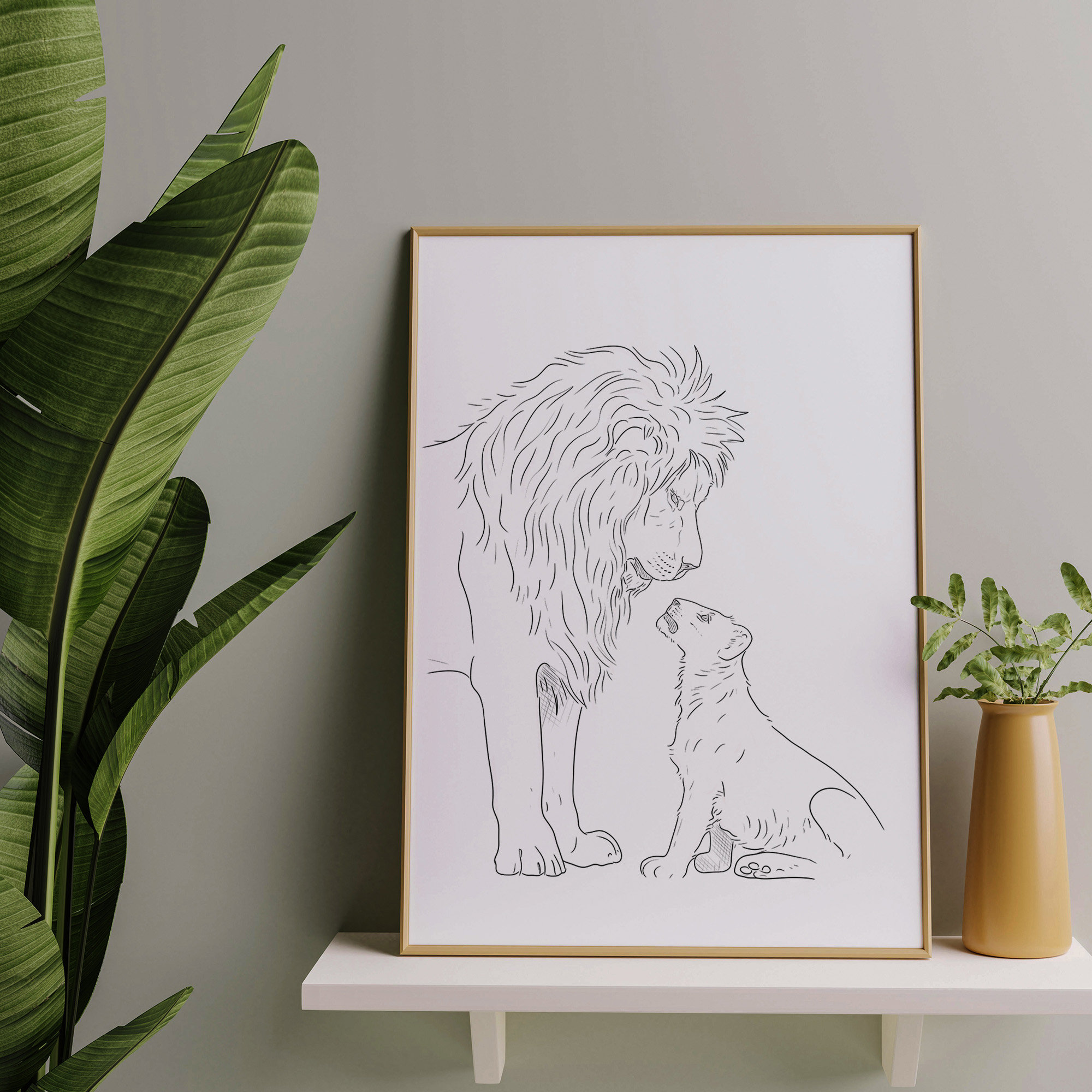 Line Art Lion and Baby Lion Wall Art Print Decor, Lion Family Linear ...
