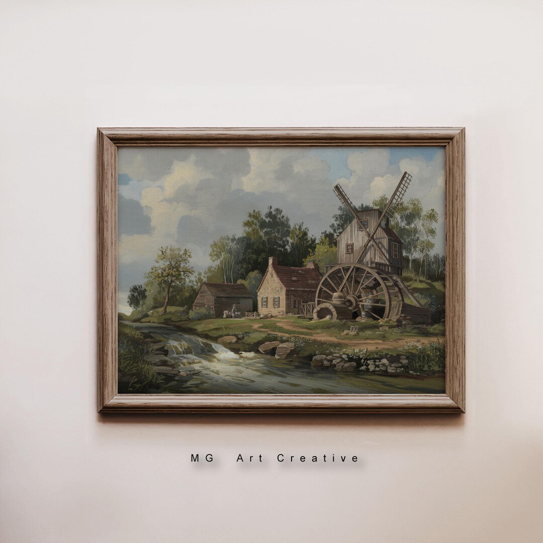 Rustic Watermill Wall Art - Idyllic Countryside Digital Print - Vintage ...