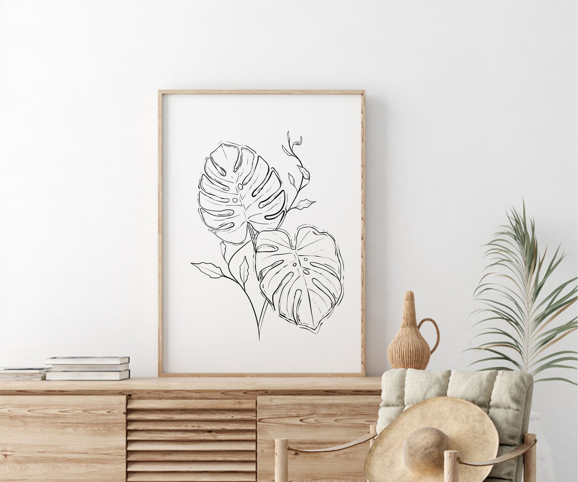 Monstera Leaves Line Art Drawing | Leaf Wall Printable Art | Tropical ...