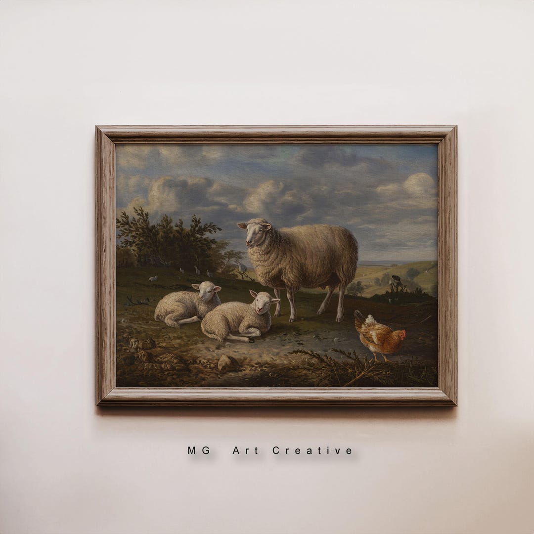 Farm Animal Digital Print: Serene Sheep and Chicken Countryside Scene ...
