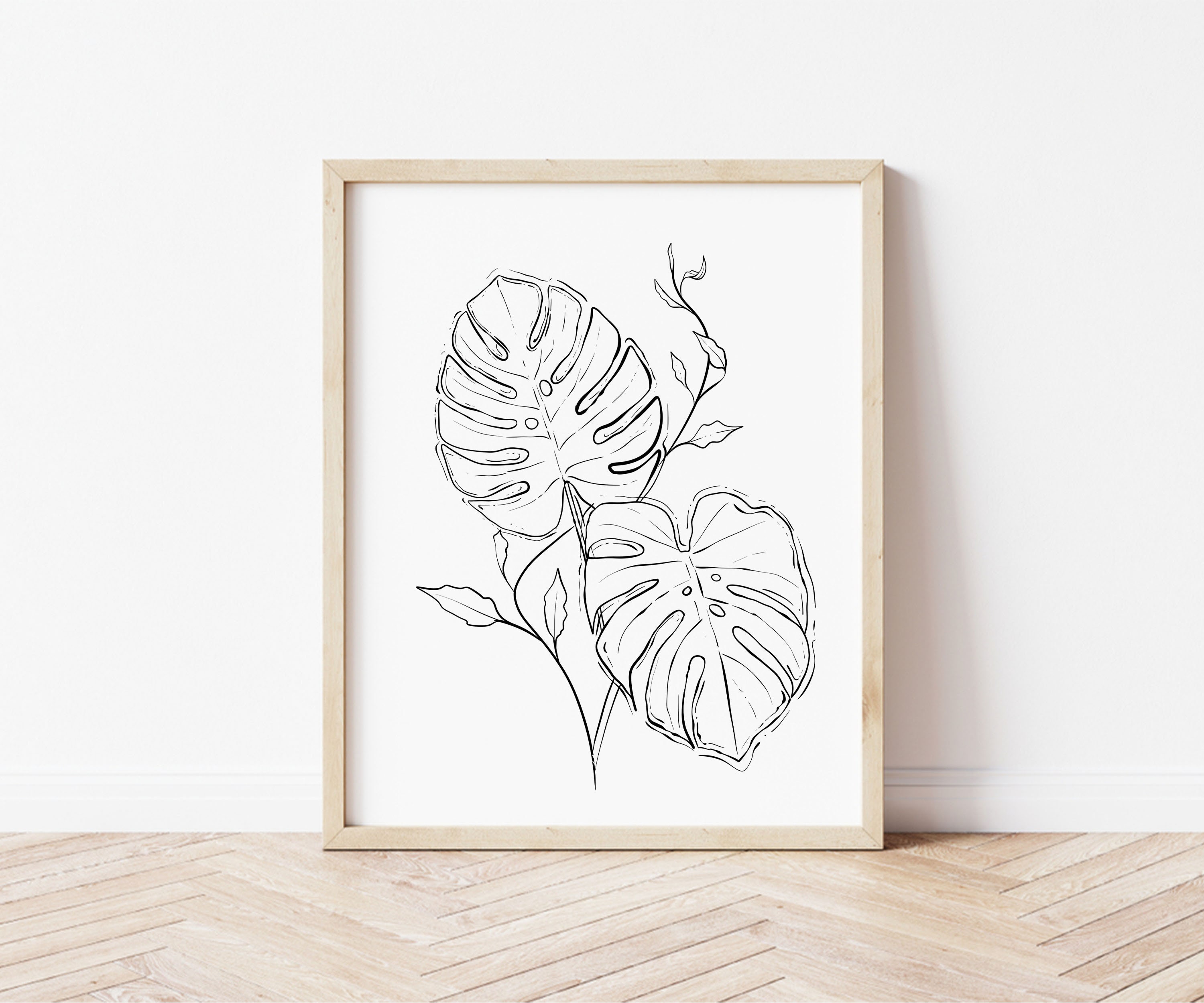 Monstera Leaves Line Art Drawing | Leaf Wall Printable Art | Tropical ...
