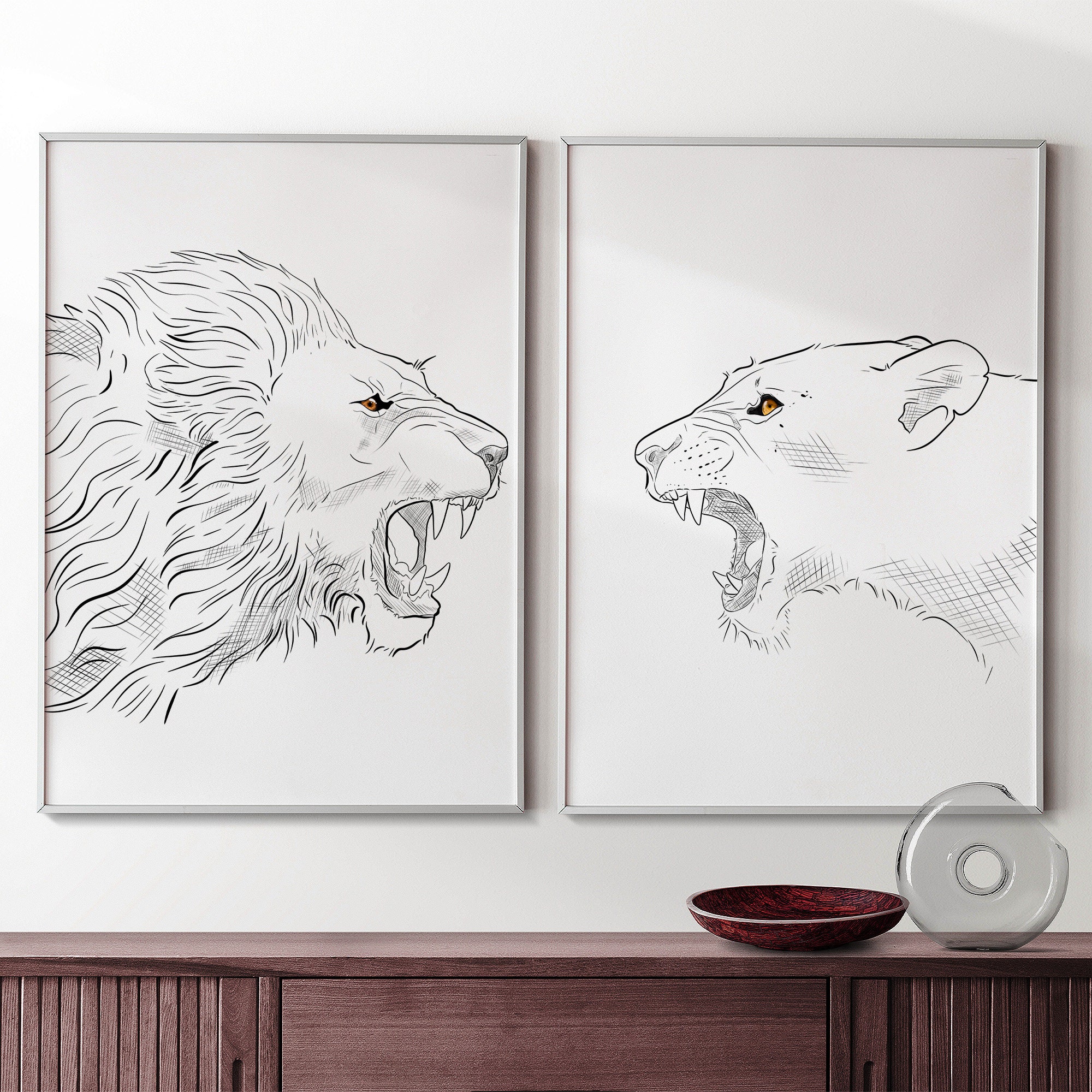 Male Lions Roaring Drawing