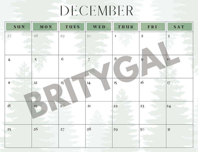 December 2022 Printable Calendar Pine Tree Digital PDF JPG - Etsy