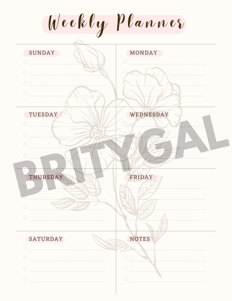 Pink and Beige Floral Weekly Planner PDF PNG Digital Download - Etsy