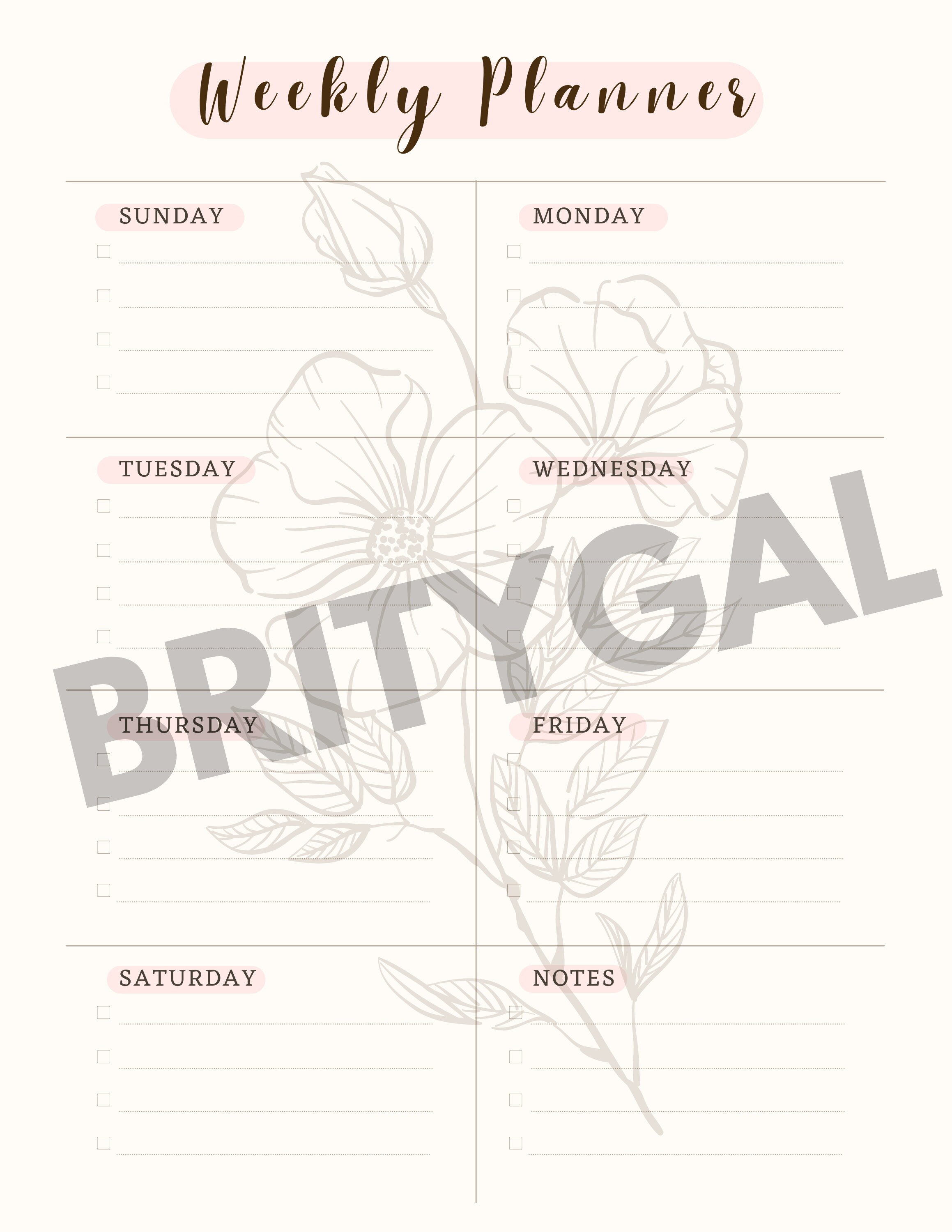 Pink and Beige Floral Weekly Planner PDF PNG Digital Download - Etsy
