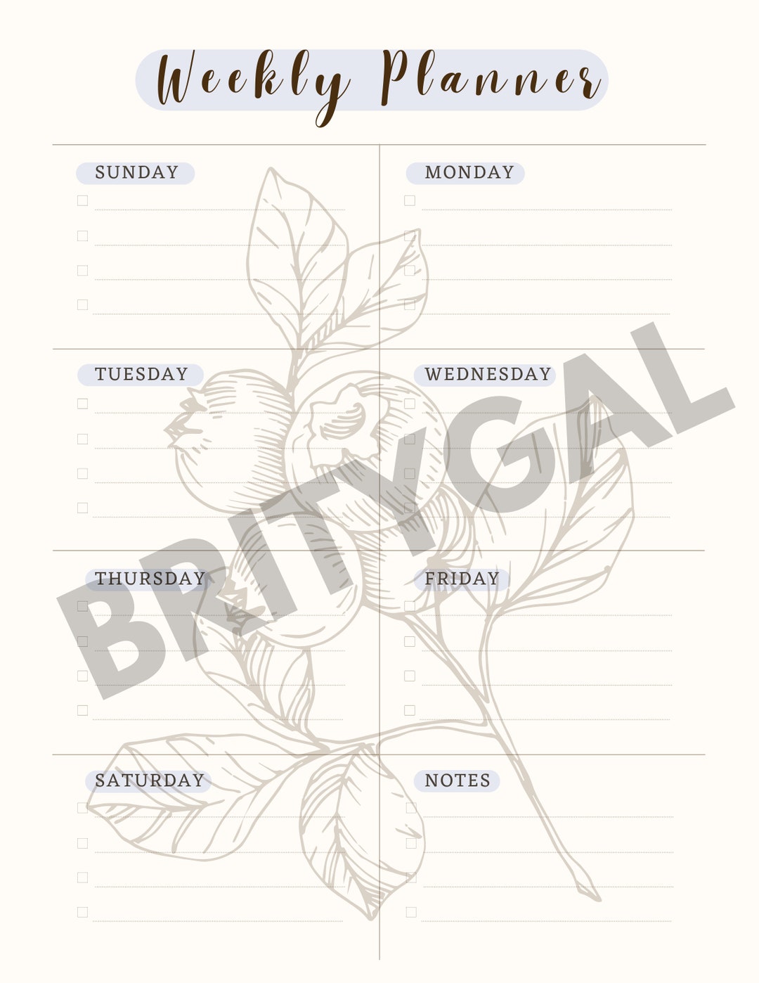 Blue and Beige Blueberry Weekly Planner Digital Download PNG PDF - Etsy