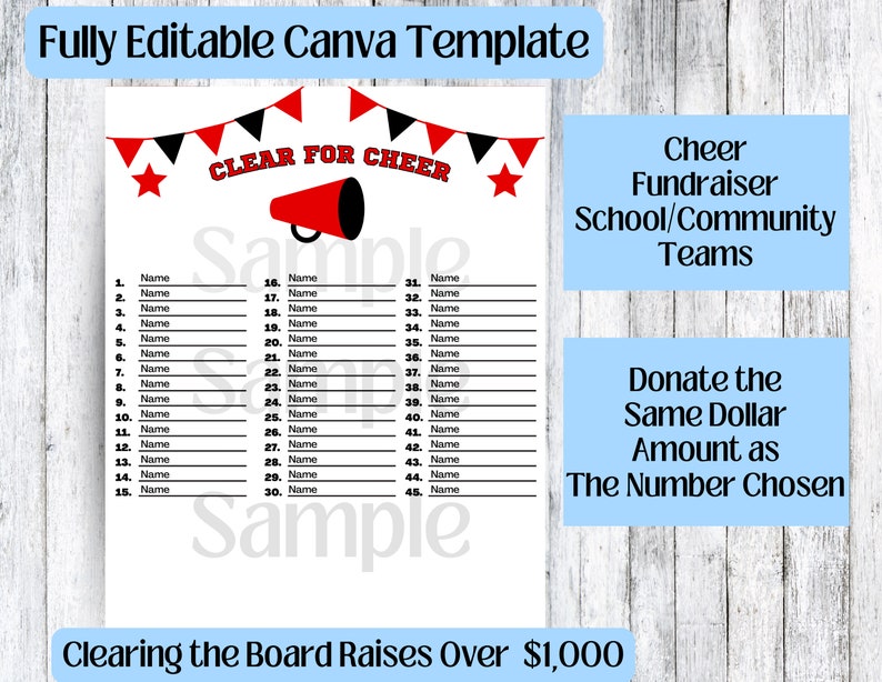 Cheer Fundraiser Clear the Board Add PHOTO | Pick Date Donate | Black ...