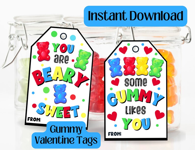Gummy Bear Valentines Tags for Kids, School Valentine Favor Gift Tags ...