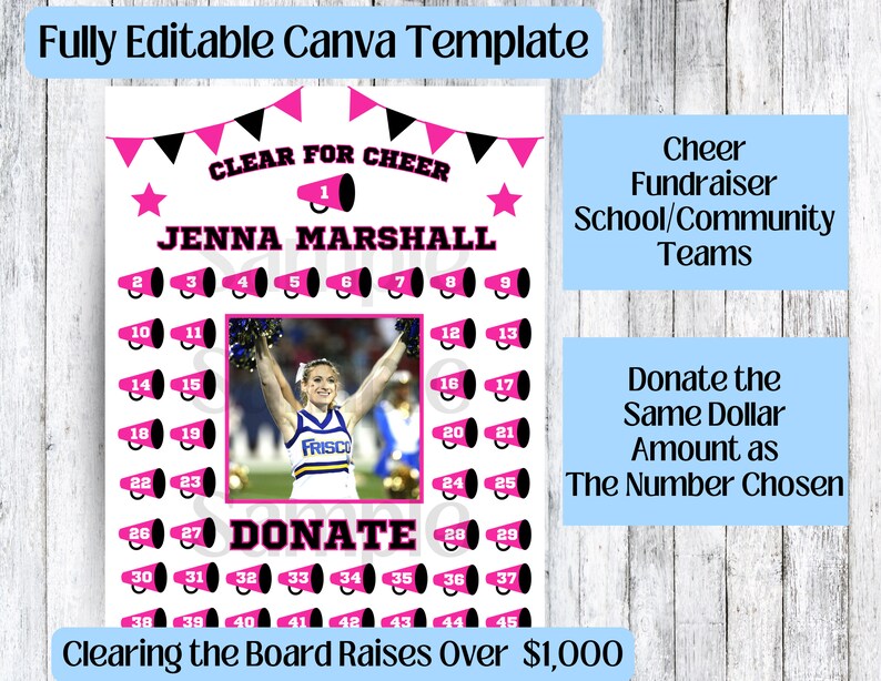 Cheer Fundraiser Clear the Board Add PHOTO | Pick Date Donate | Black ...