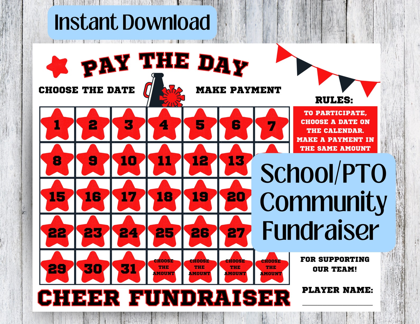 Pay the Day Cheer Team Fundraiser Cash Calendar School PTO Fundraiser ...