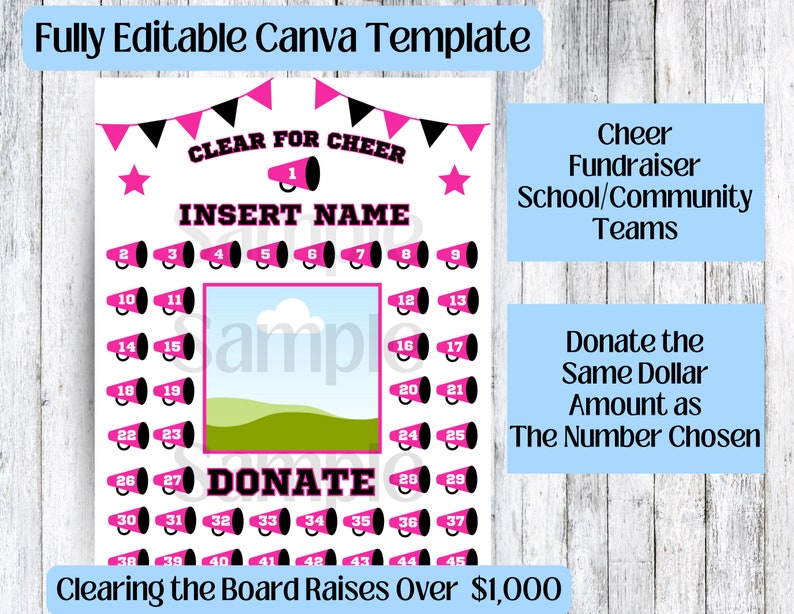 Cheer Fundraiser Clear the Board Add PHOTO | Pick Date Donate | Black ...