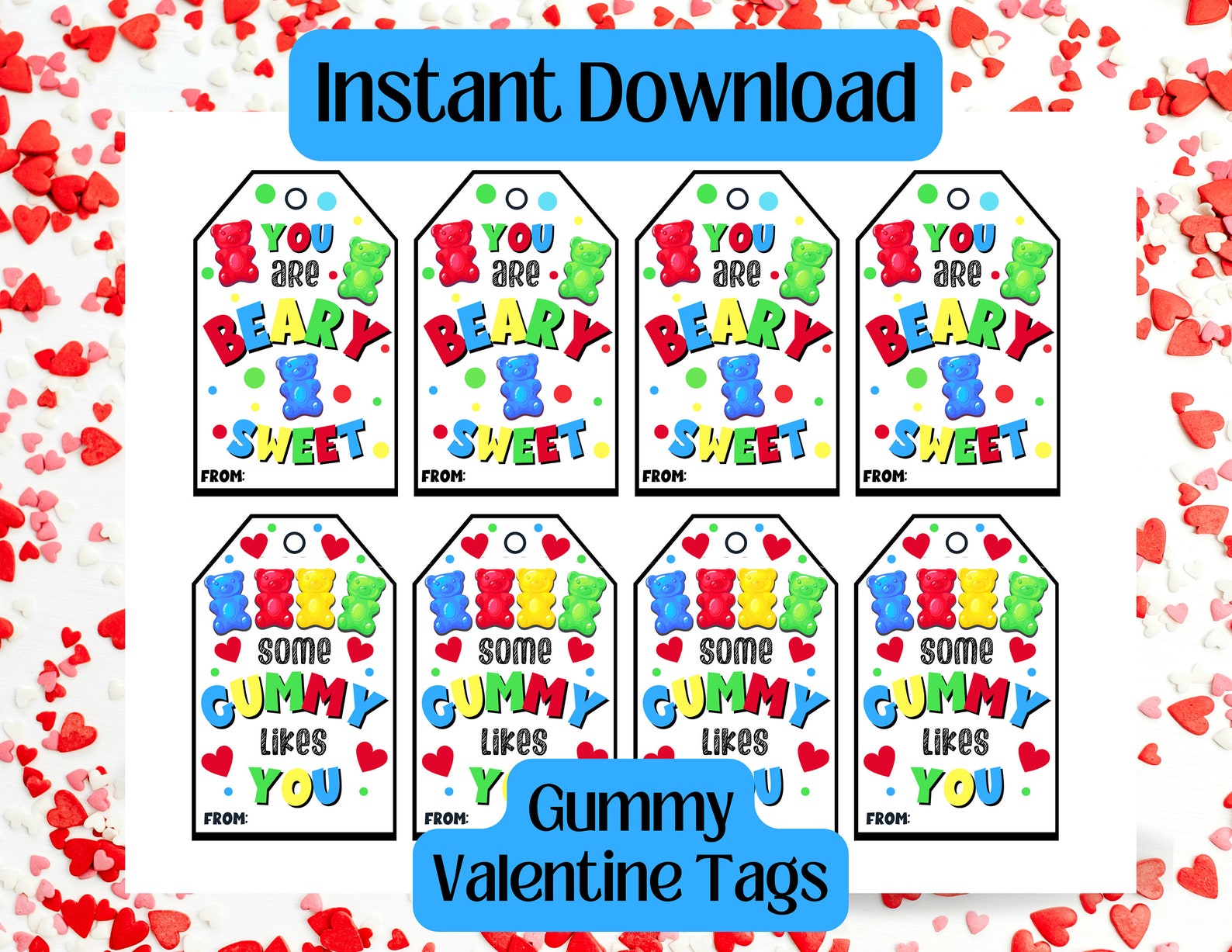Gummy Bear Valentines Tags for Kids, School Valentine Favor Gift Tags ...