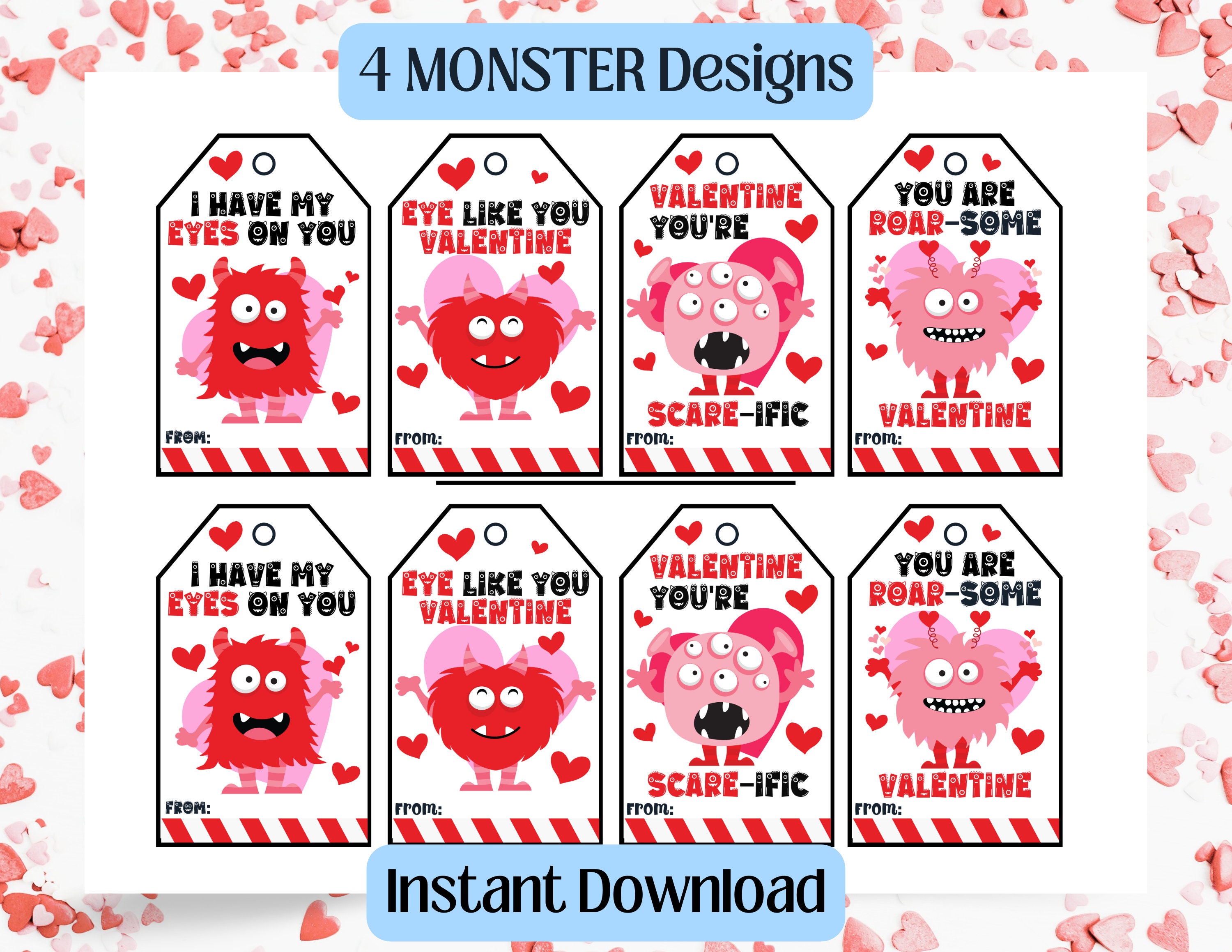 Valentine Monster Hearts Tags, Valentine Tags, School Valentine Favor ...