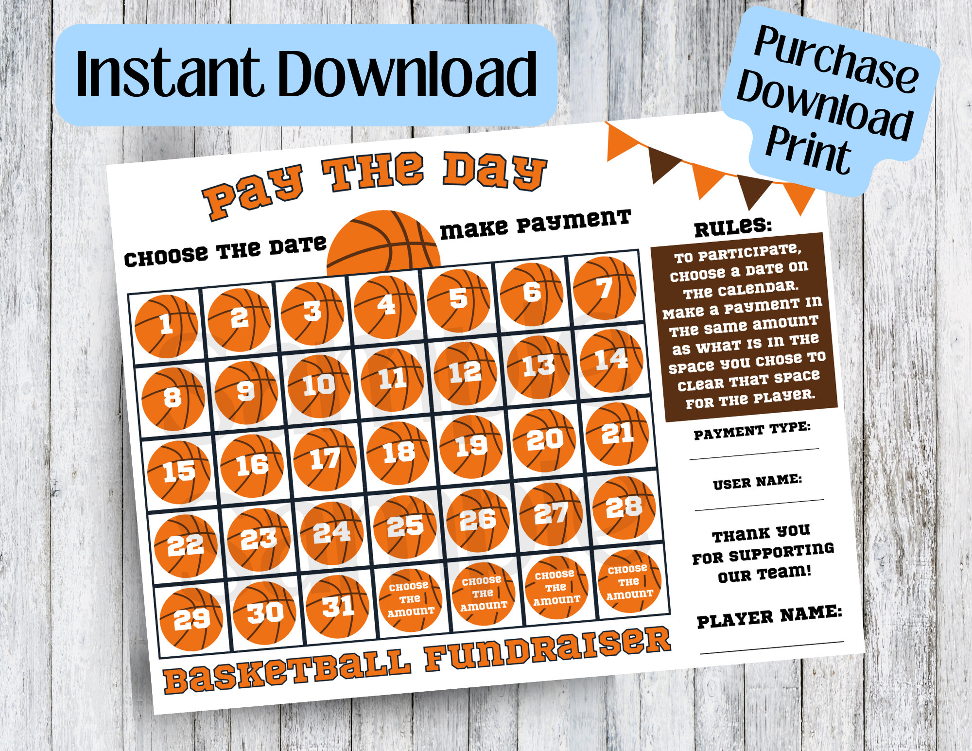 Pay the Day Basketball Fundraiser | Cash Calendar | School PTO ...