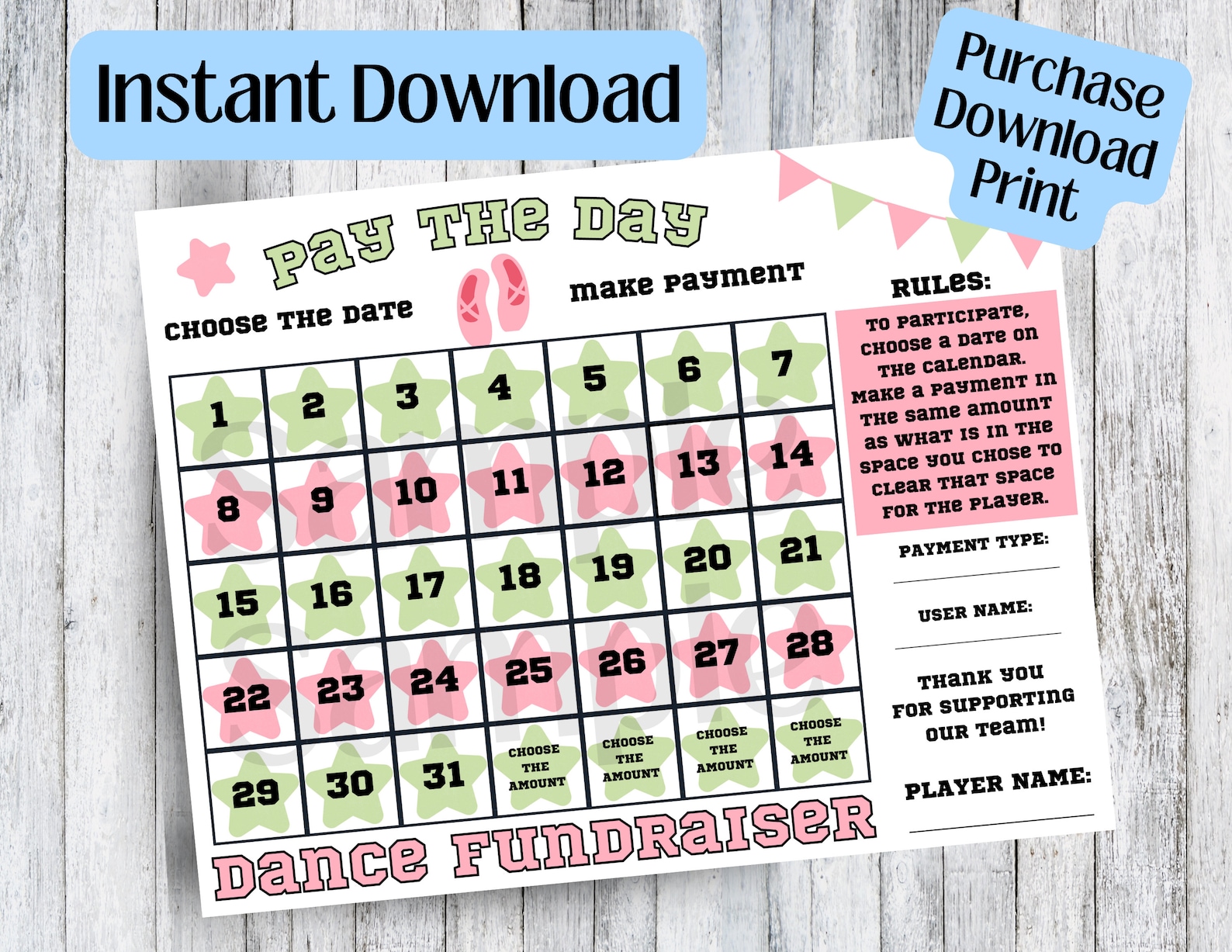 Pay the Day Dance Fundraiser Cash Calendar School PTO Fundraiser ...