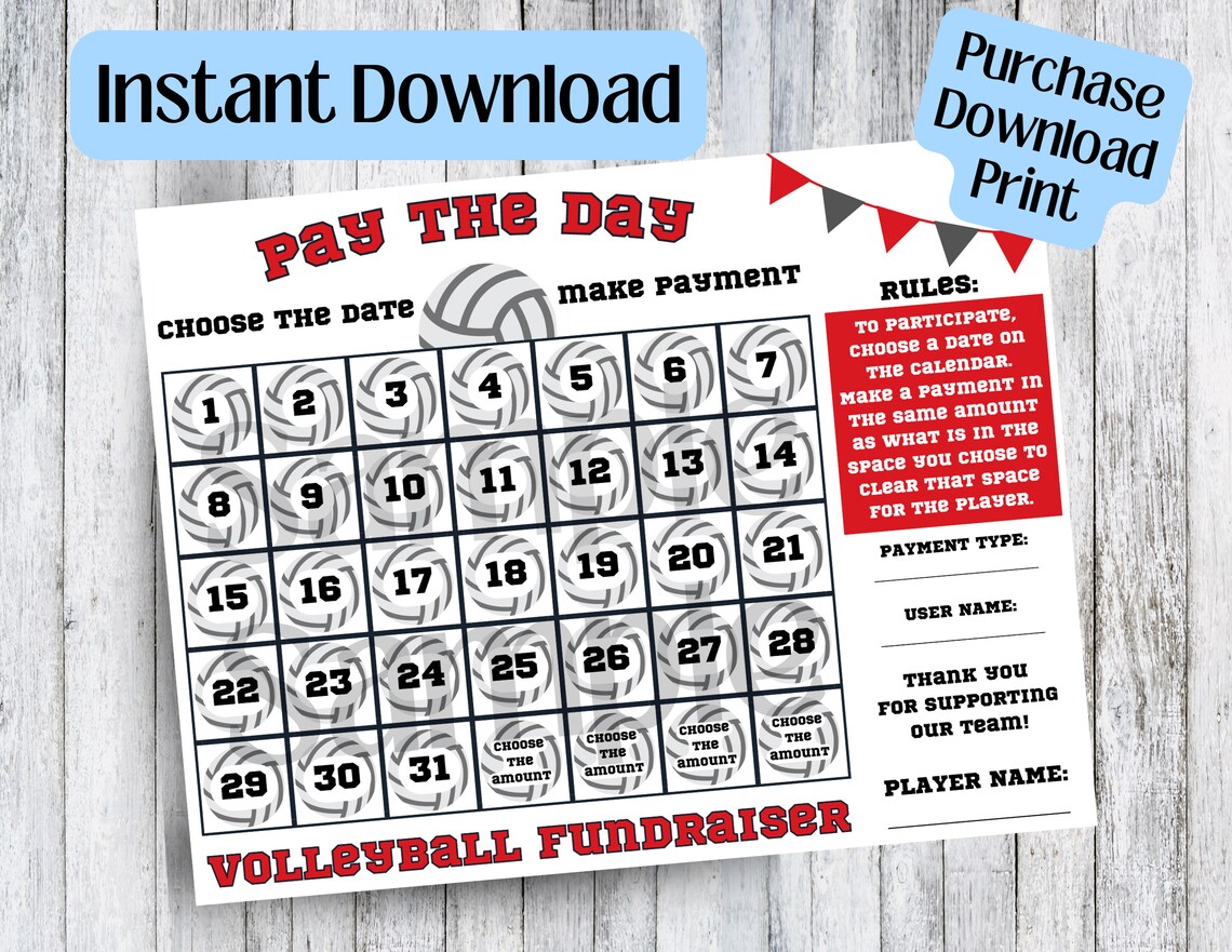 Pay the Day Volleyball Fundraiser Cash Calendar School PTO Fundraiser ...