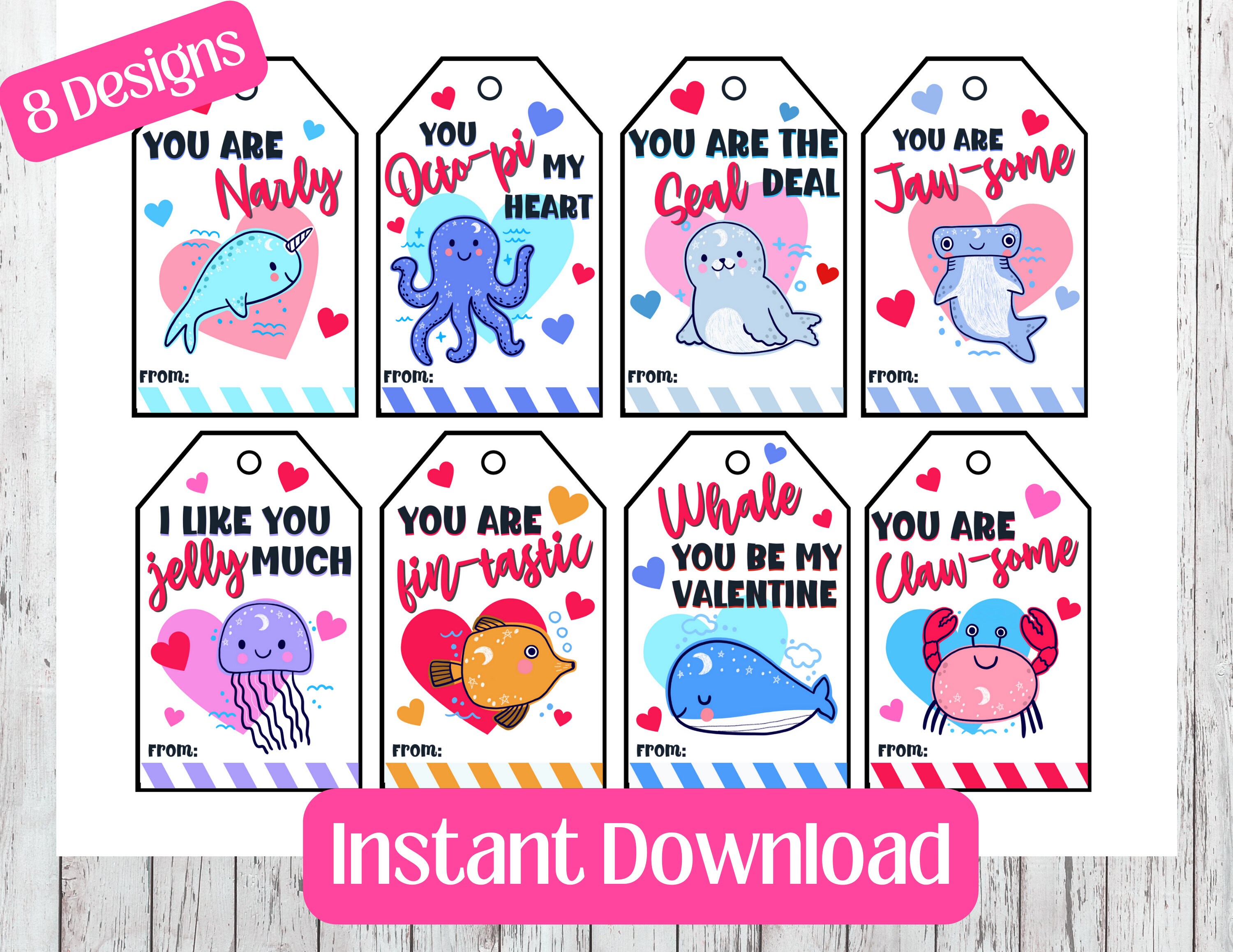 Cute Ocean Animals Valentines, School Valentines Card, Class Valentines ...