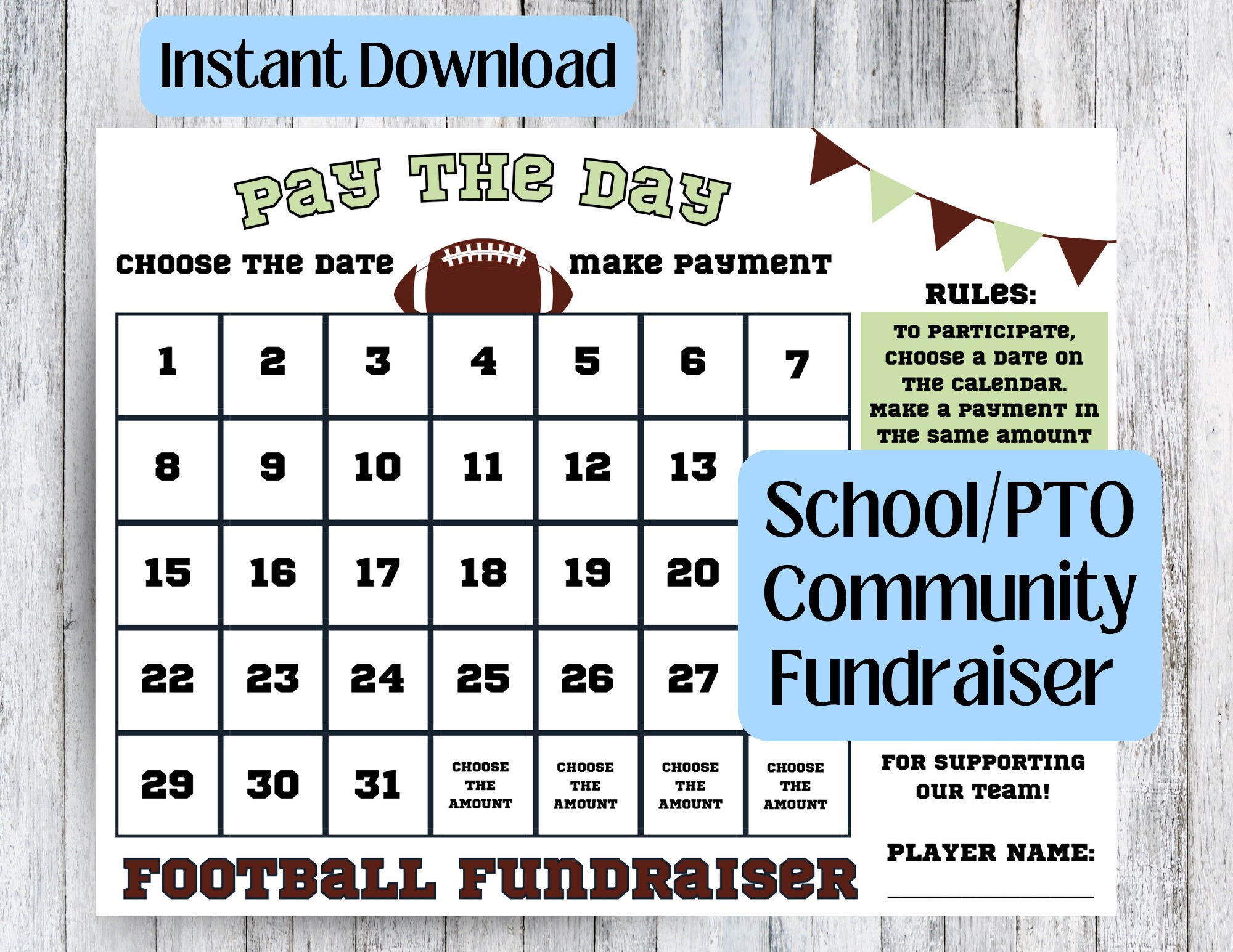 Pay the Day Football Fundraiser | Cash Calendar | School PTO Fundraiser ...